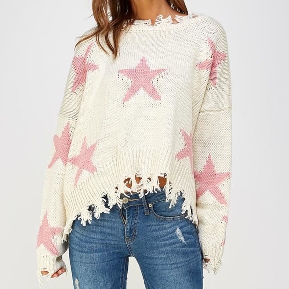 Storia | Sweaters | Storia Distressed Pink Star Sweater | Poshmark